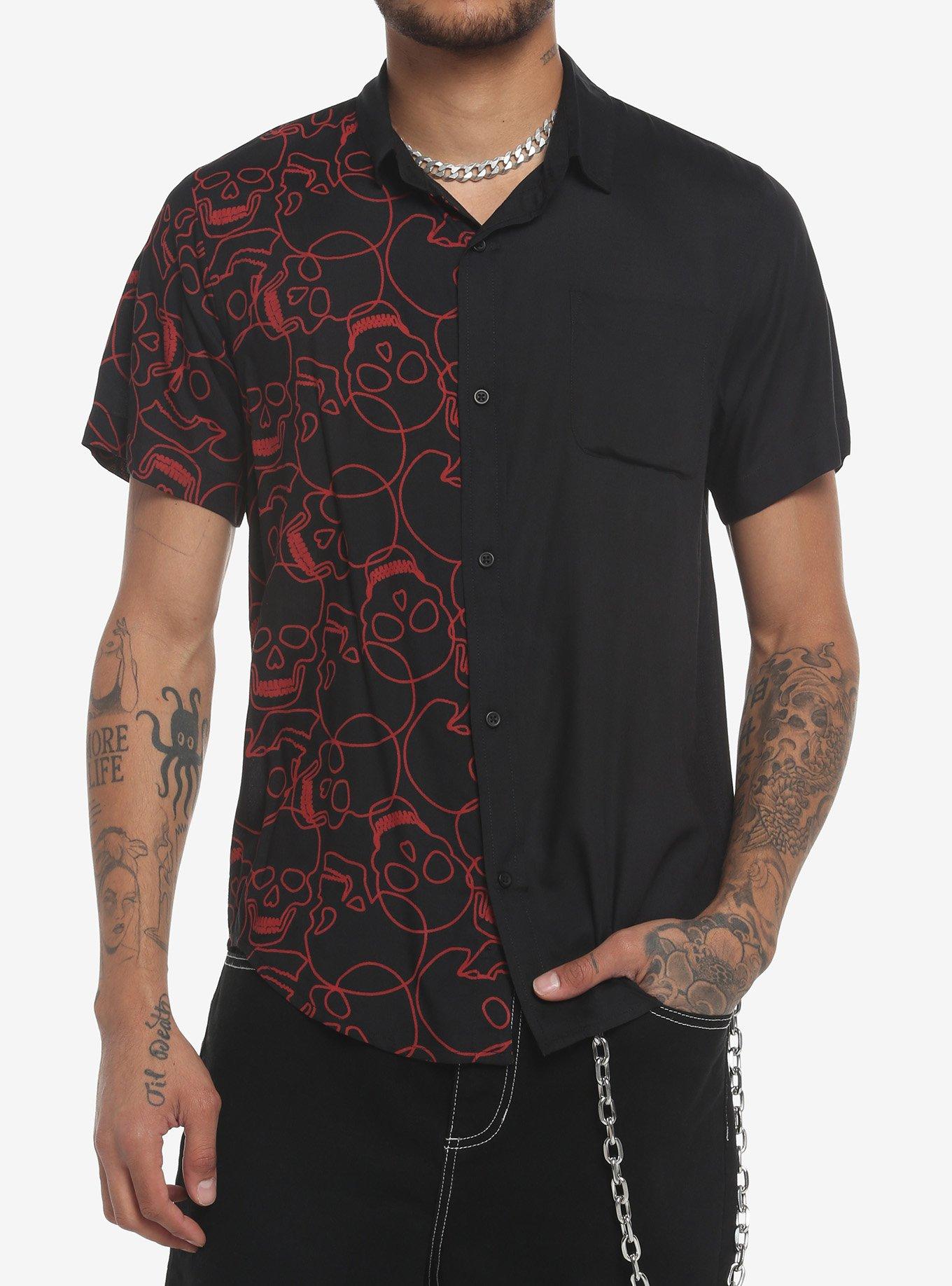 Red Skull Split Woven Button Up Hot Topic