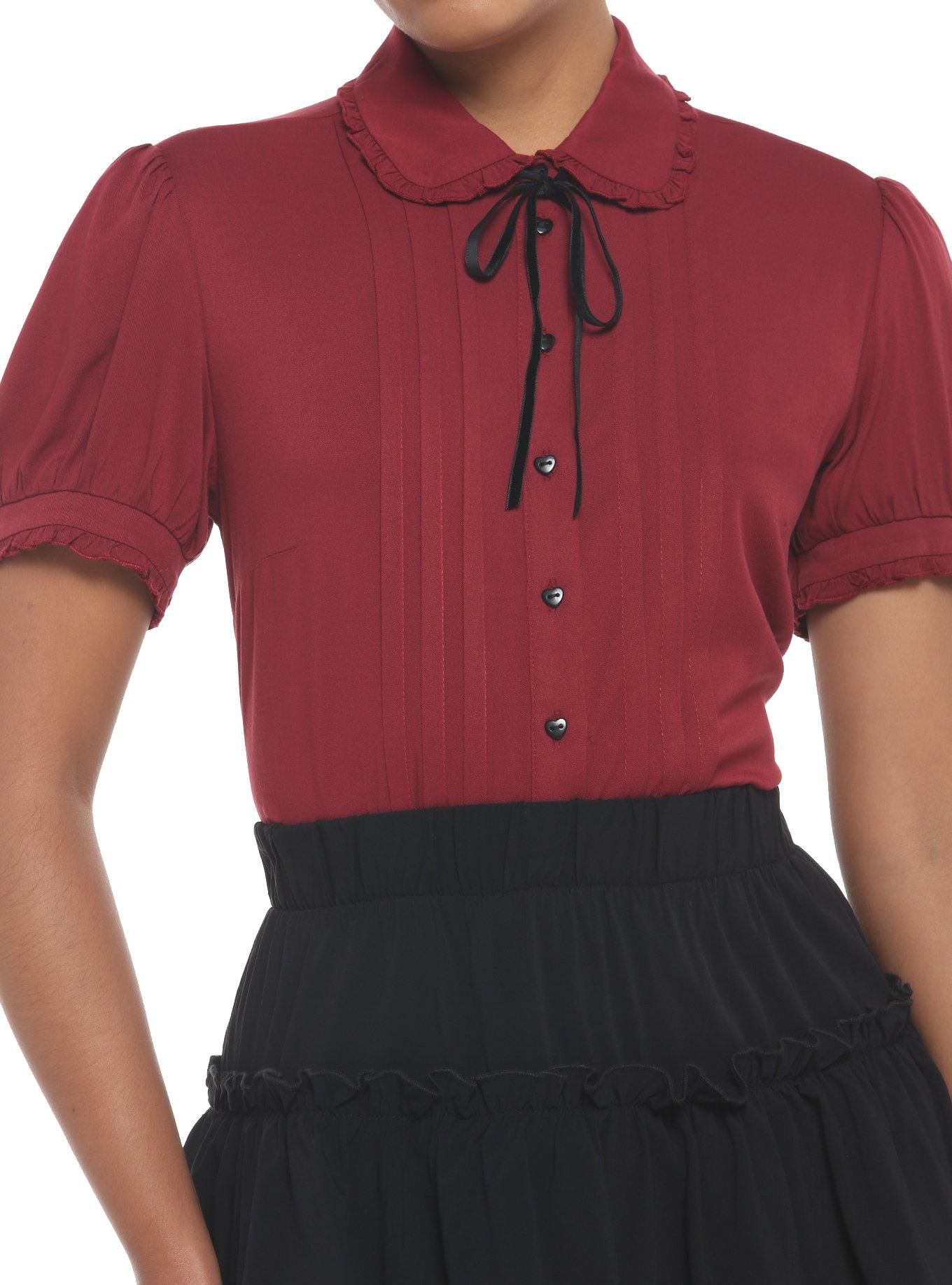 Dark Red Ribbon Tie Woven Button-Up | Her Universe