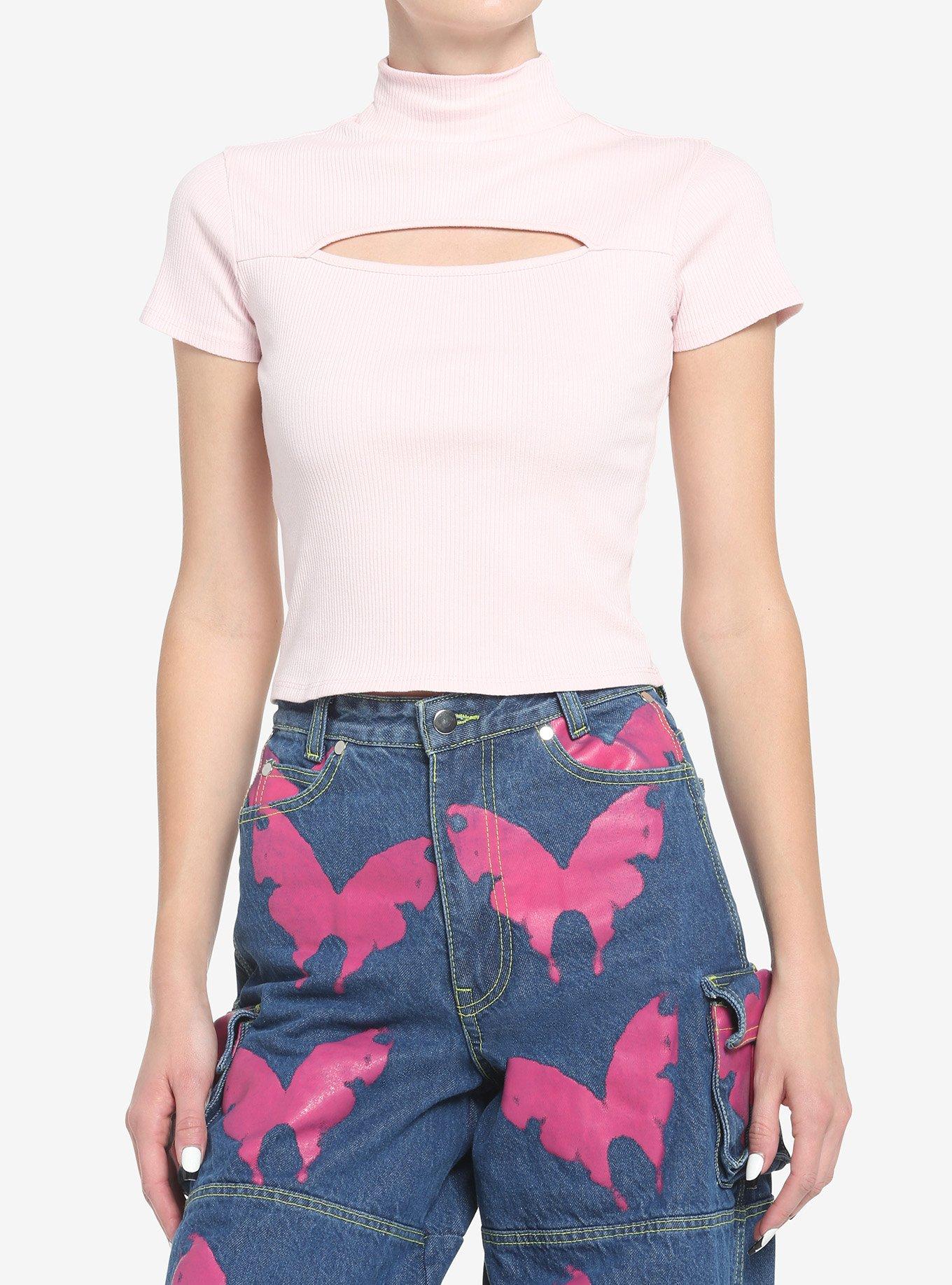 Baby Pink Mock Neck Cutout Girls Crop Top | Hot Topic