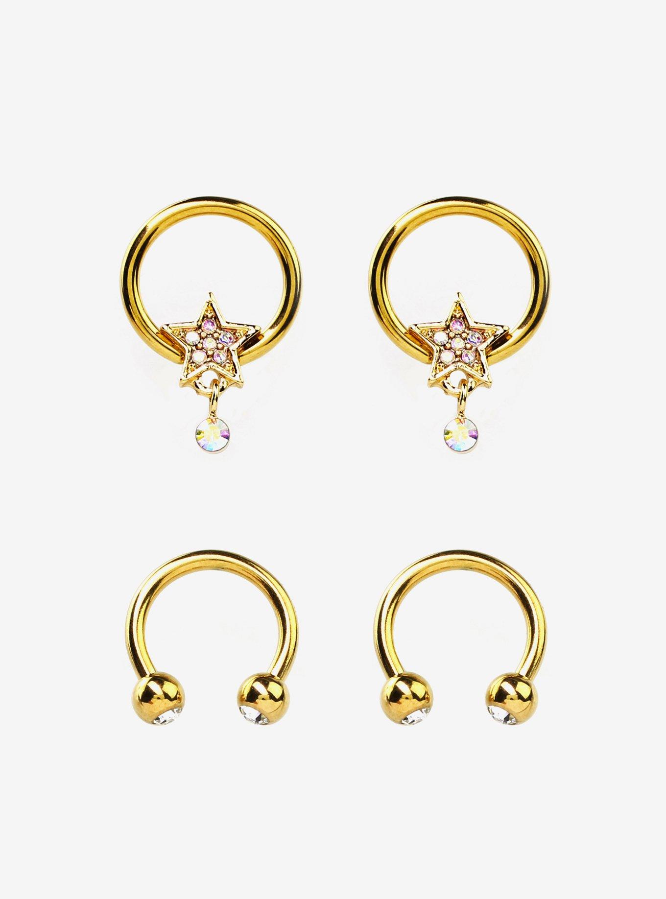 Steel Gold Celestial Circular Barbell & Captive Hoop 4 Pack | Hot Topic