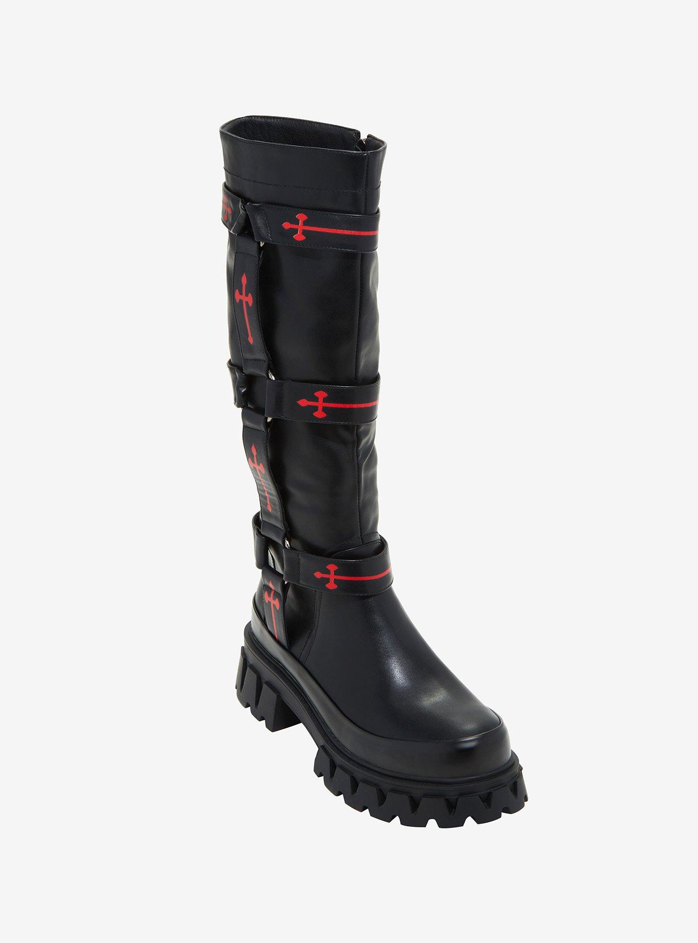 Red Cross Strap Boots | Hot Topic
