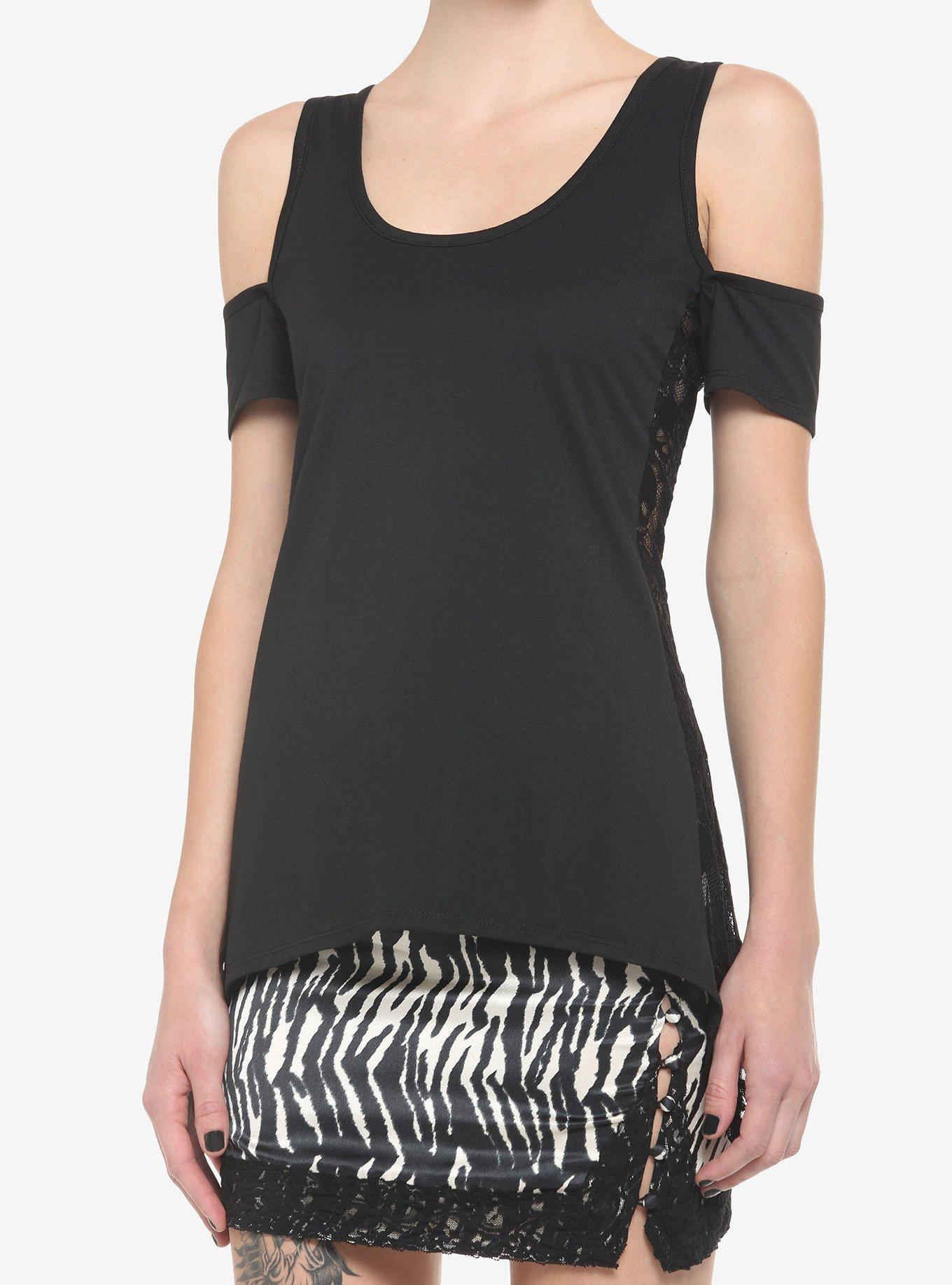 Black Skull Lace Cold Shoulder Sharkbite Girls Tank Top | Hot Topic