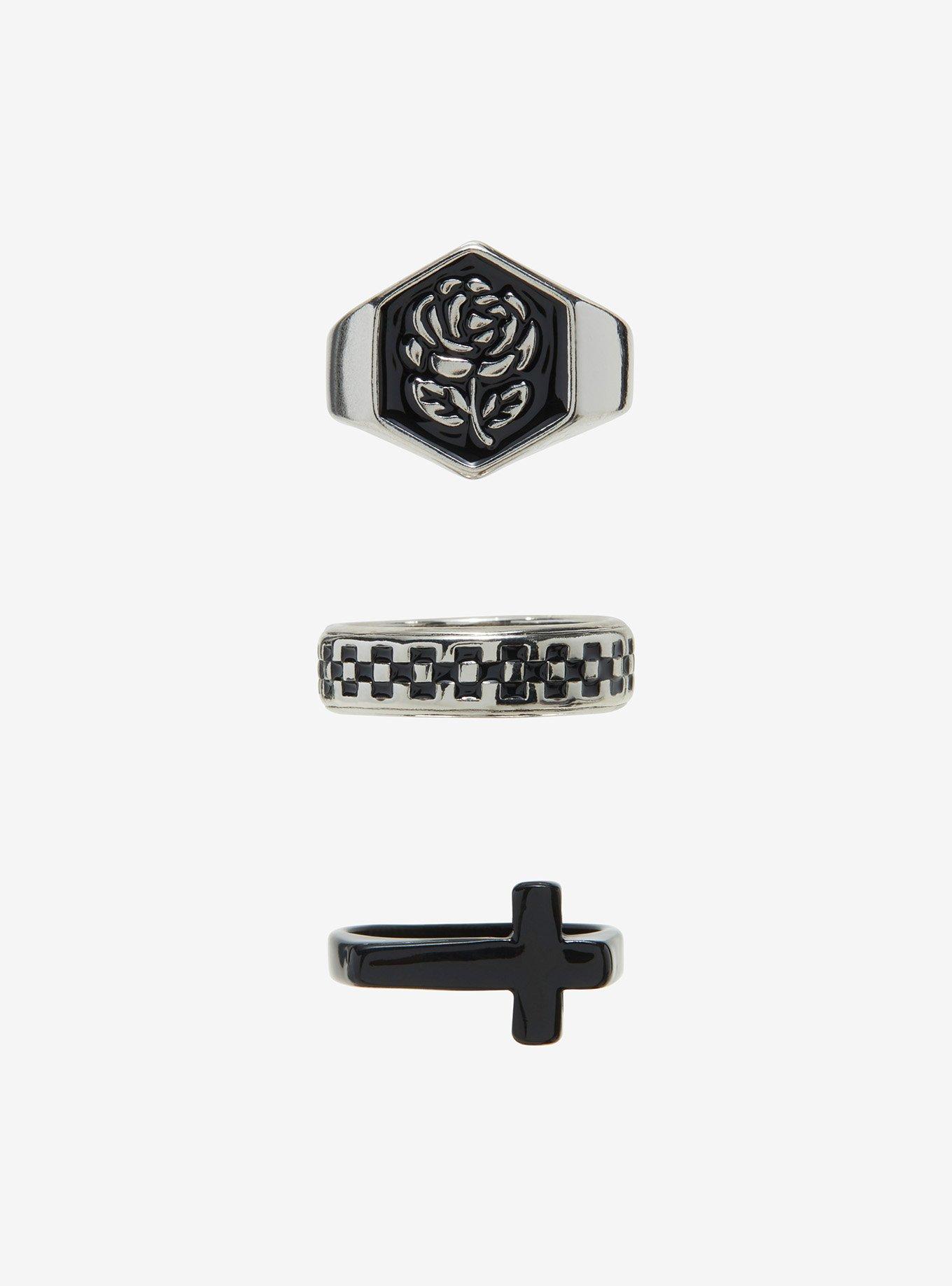 Rose Checker Cross Guys Ring Set | Hot Topic
