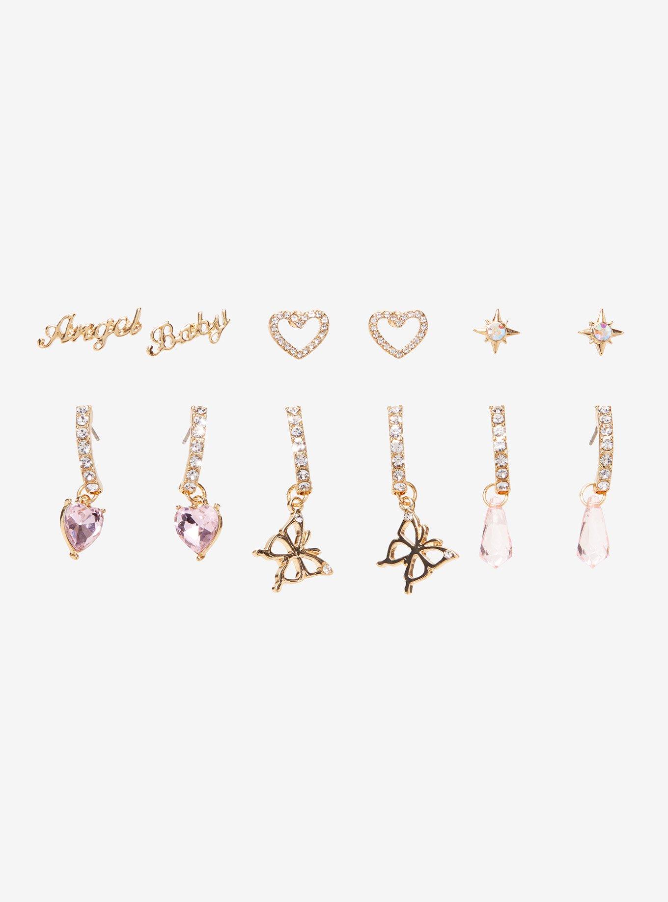 Butterfly Heart Bling Mini Hoop Set | Hot Topic
