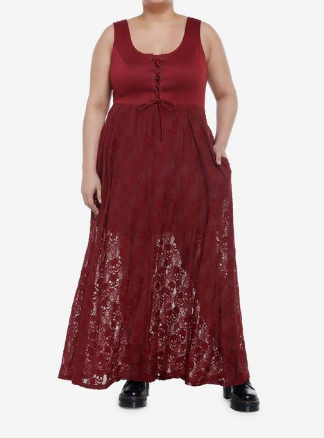 Burgundy Skulls Lace Up Maxi Dress Plus Size Hot Topic