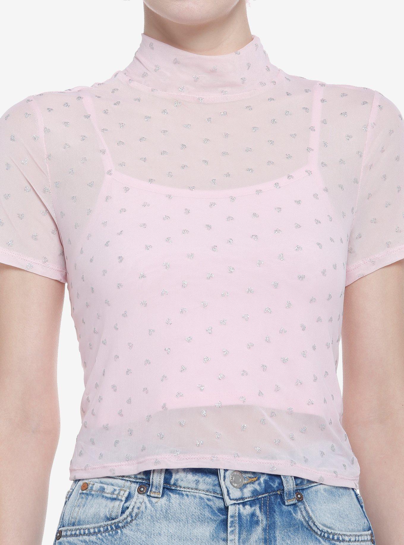 Pink Glitter Hearts Mock Neck Mesh Girls Twofer Top Hot Topic