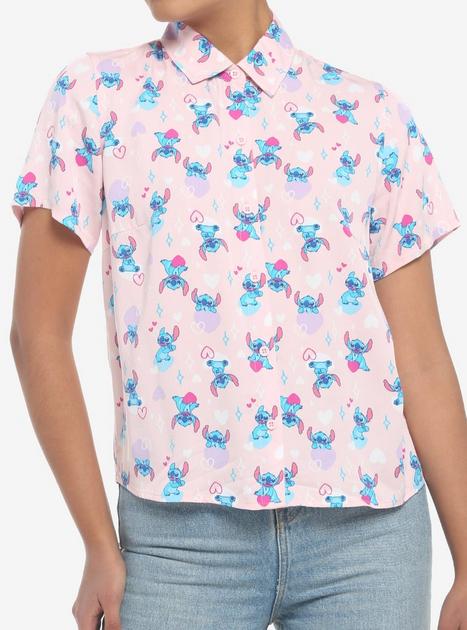 Disney Lilo & Stitch Hearts Pink Girls Woven Button-Up | Hot Topic