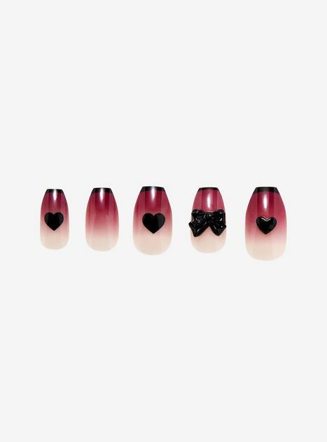 Maroon Heart Bow Faux Nail Set | Hot Topic