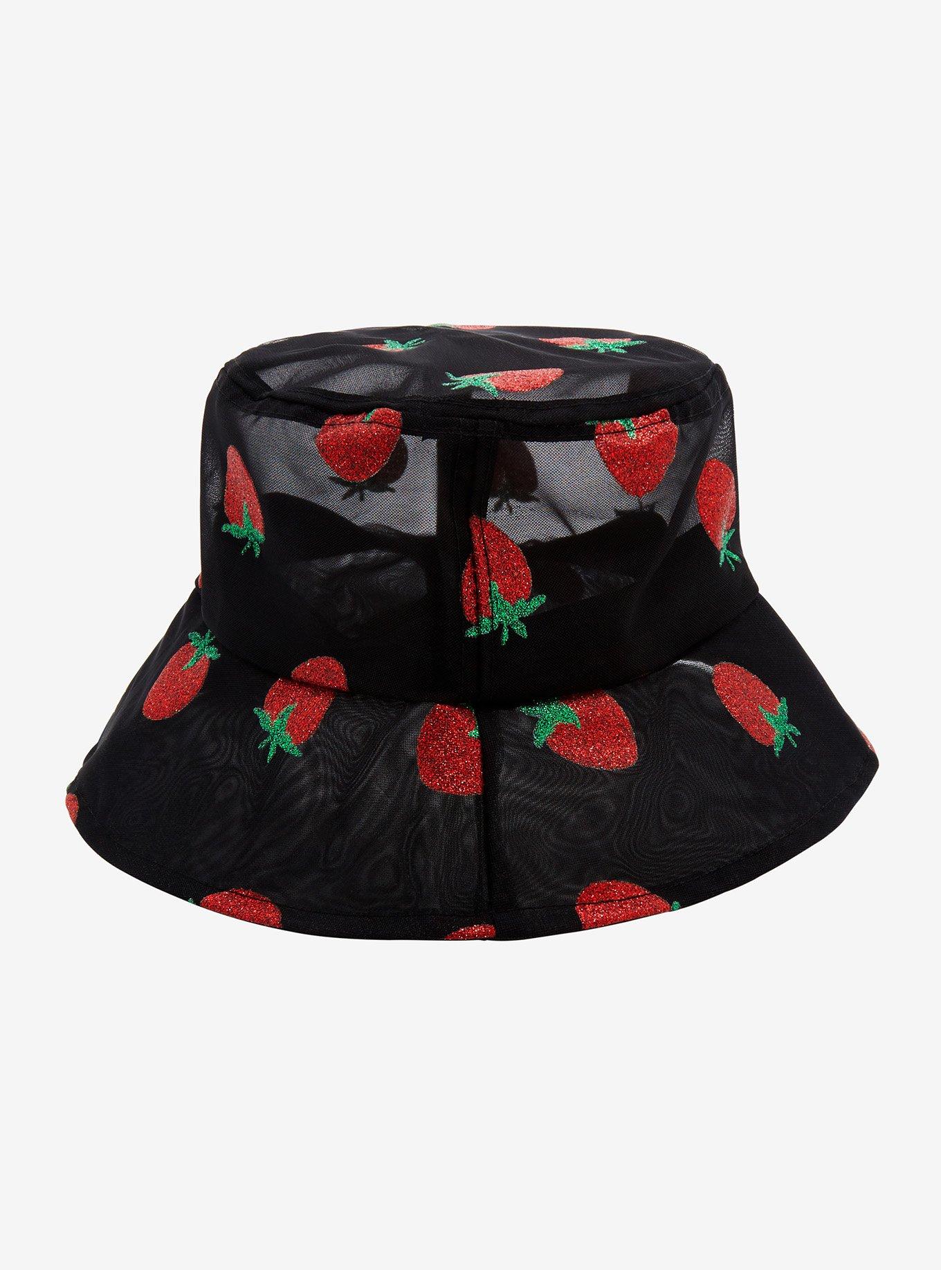 Black Mesh Glitter Strawberry Bucket Hat | Hot Topic