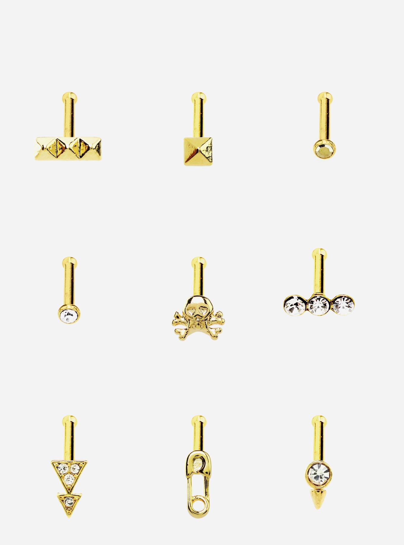 Steel Gold Stud Skull Nose Stud 9 Pack | Hot Topic