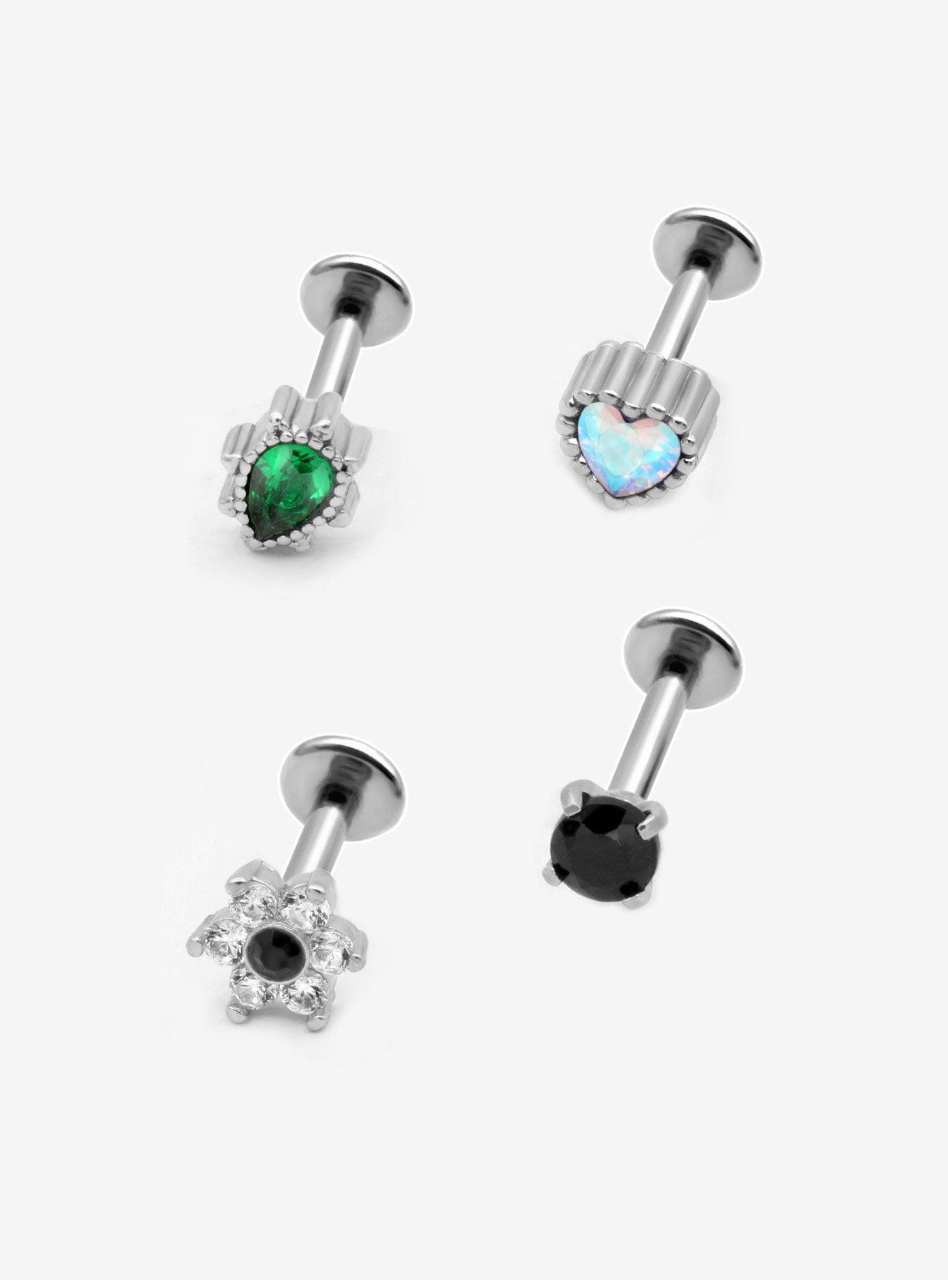 Steel Silver Heart Ornate Gem Labret 4 Pack | Hot Topic