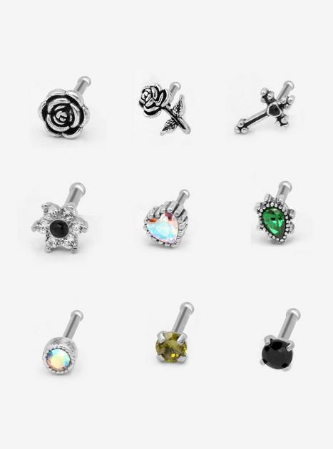 Steel Silver Gothic Rose Gems Nose Stud 9 Pack | Hot Topic