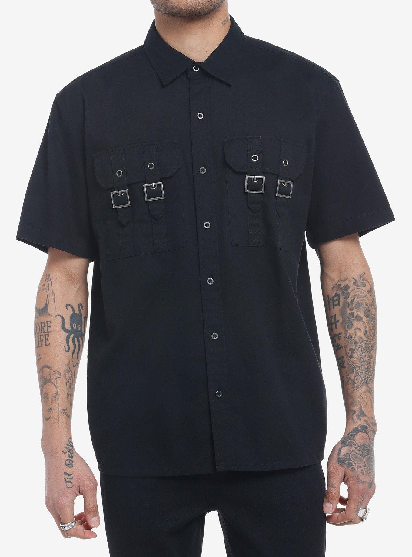 Black Strap Hardware Woven Button-Up | Hot Topic