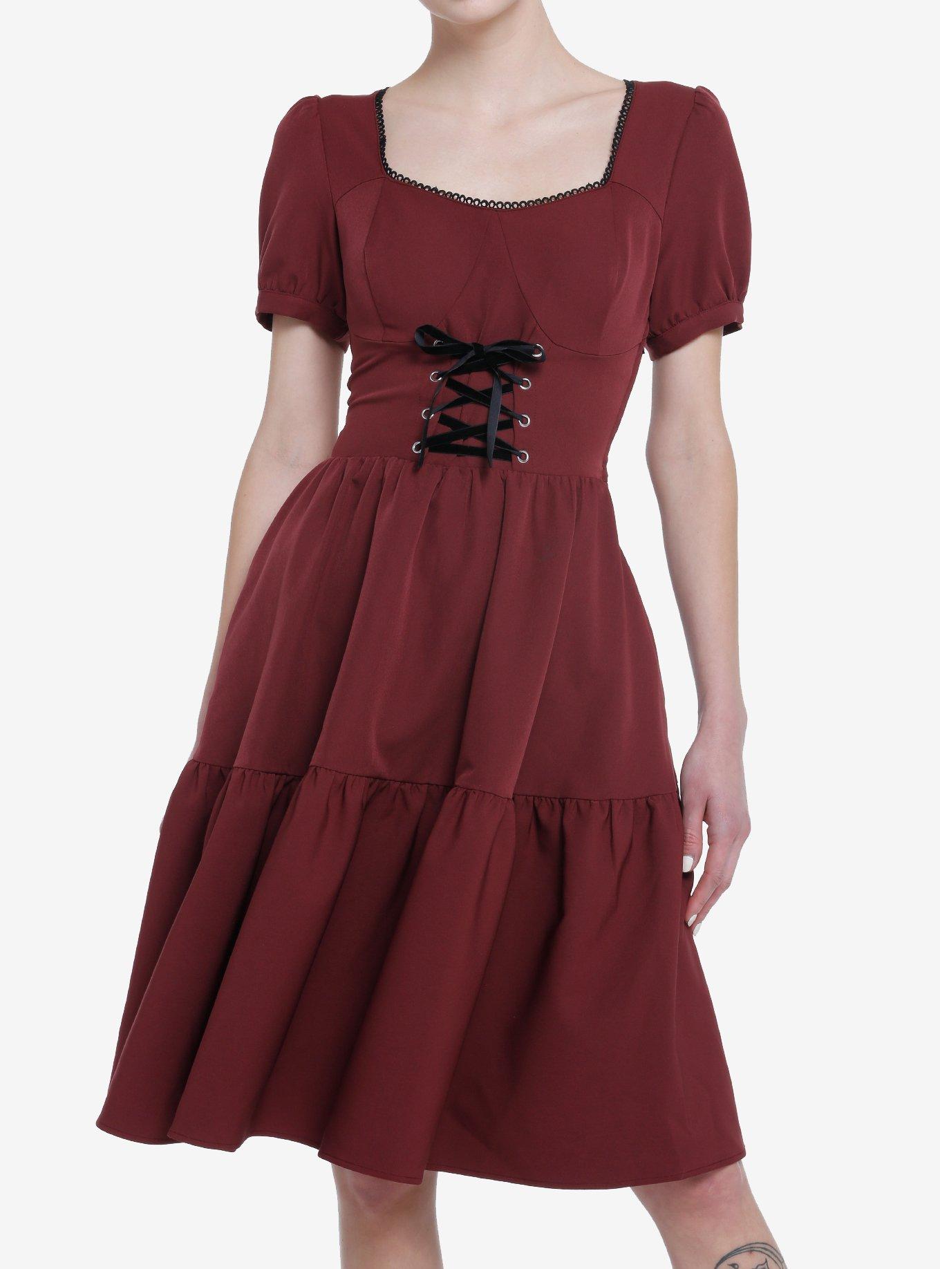 Thorn & Fable Burgundy Lace-Up Tiered Dress | Hot Topic