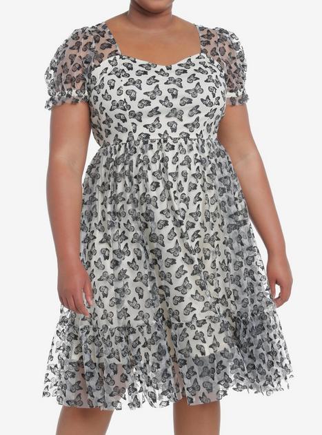 Thorn And Fable Ivory And Black Butterfly Glitter Mesh Dress Plus Size