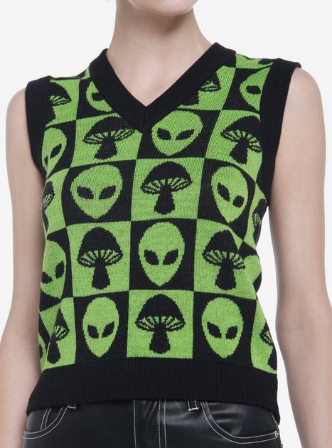 Green Alien Mushroom Checkered Girls Sweater Vest | Hot Topic