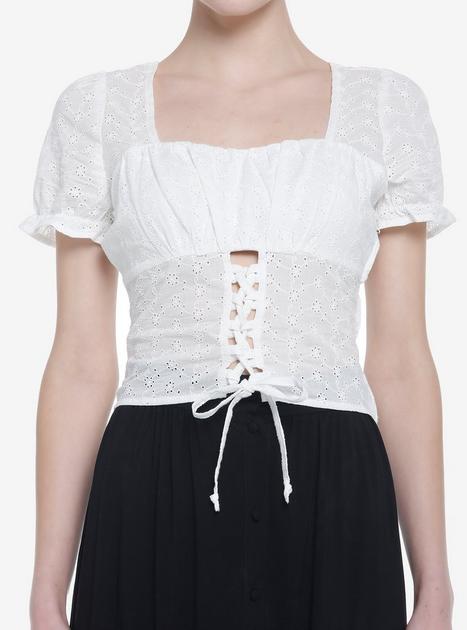 White Floral Lace-Up Girls Crop Top | Hot Topic