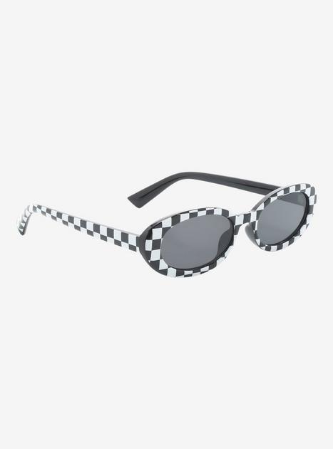 Black & White Checker Oval Sunglasses | Hot Topic