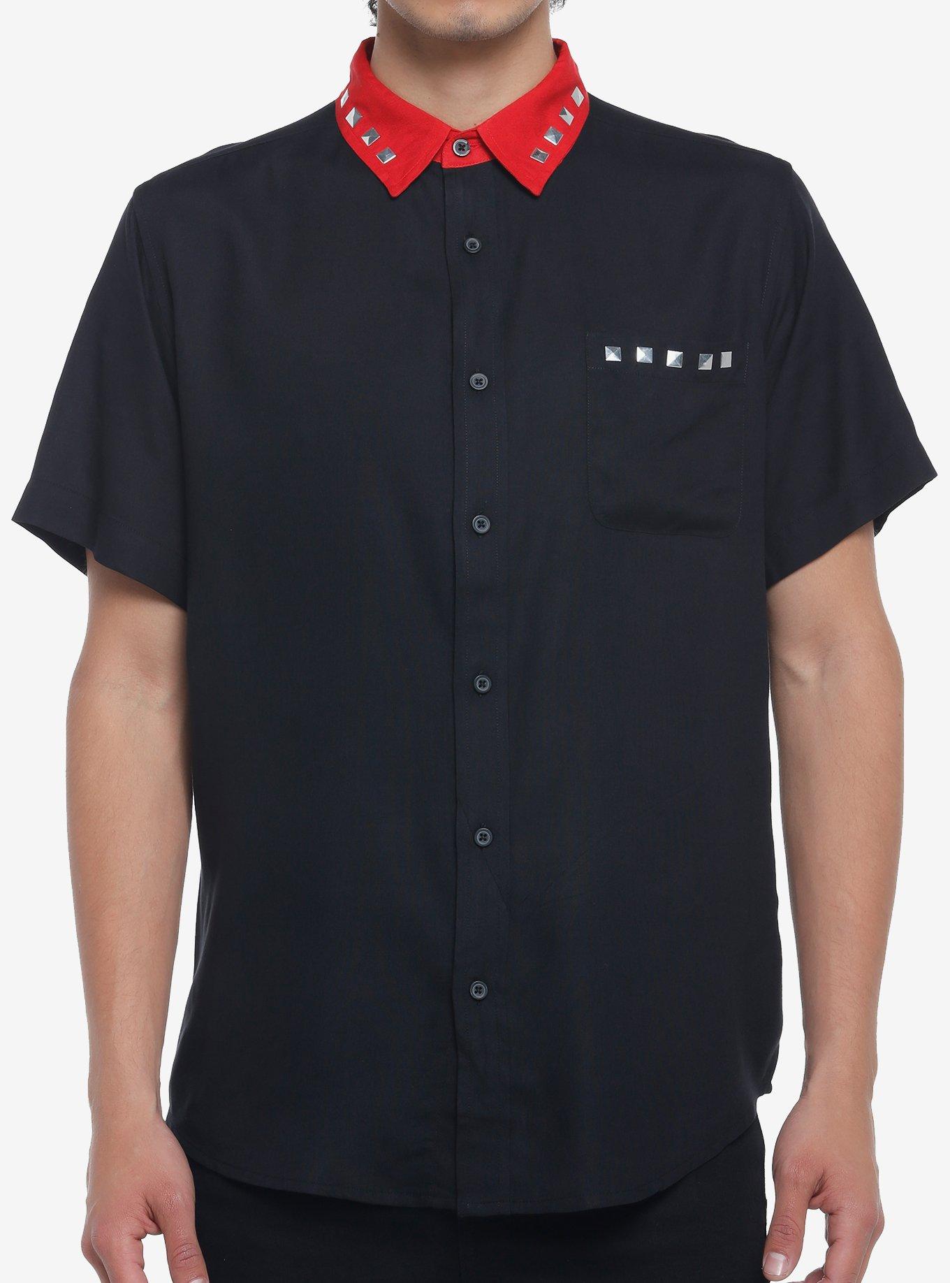 Red Collar Pyramid Stud Collar Woven Button-Up | Hot Topic