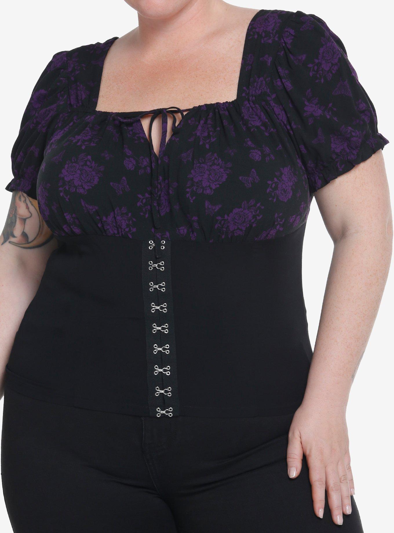 Cosmic Aura Black And Purple Rose Hook And Eye Girls Top Plus Size Hot
