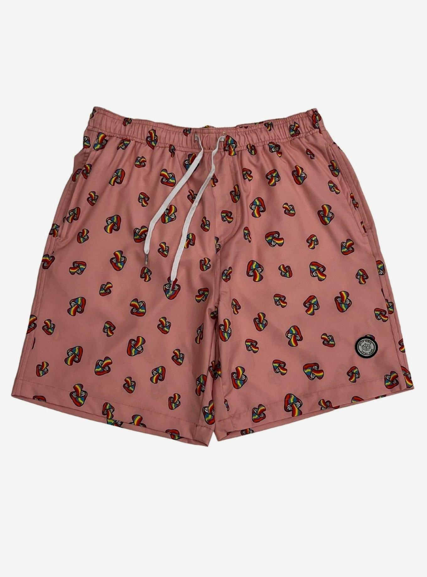 Ditsy Light Pink Rainbow Mushroom Swim Trunks | Hot Topic