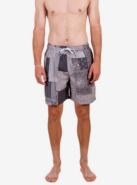 Grey Bandana Mix Print Swim Trunks Hot Topic