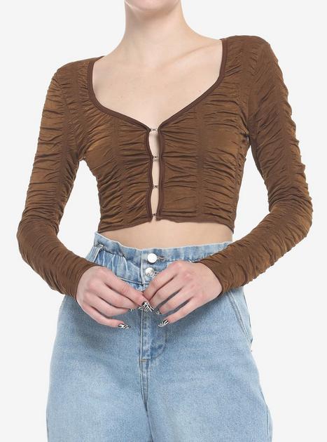 Chocolate Brown Ruched Crop Girls Long-Sleeve Top | Hot Topic