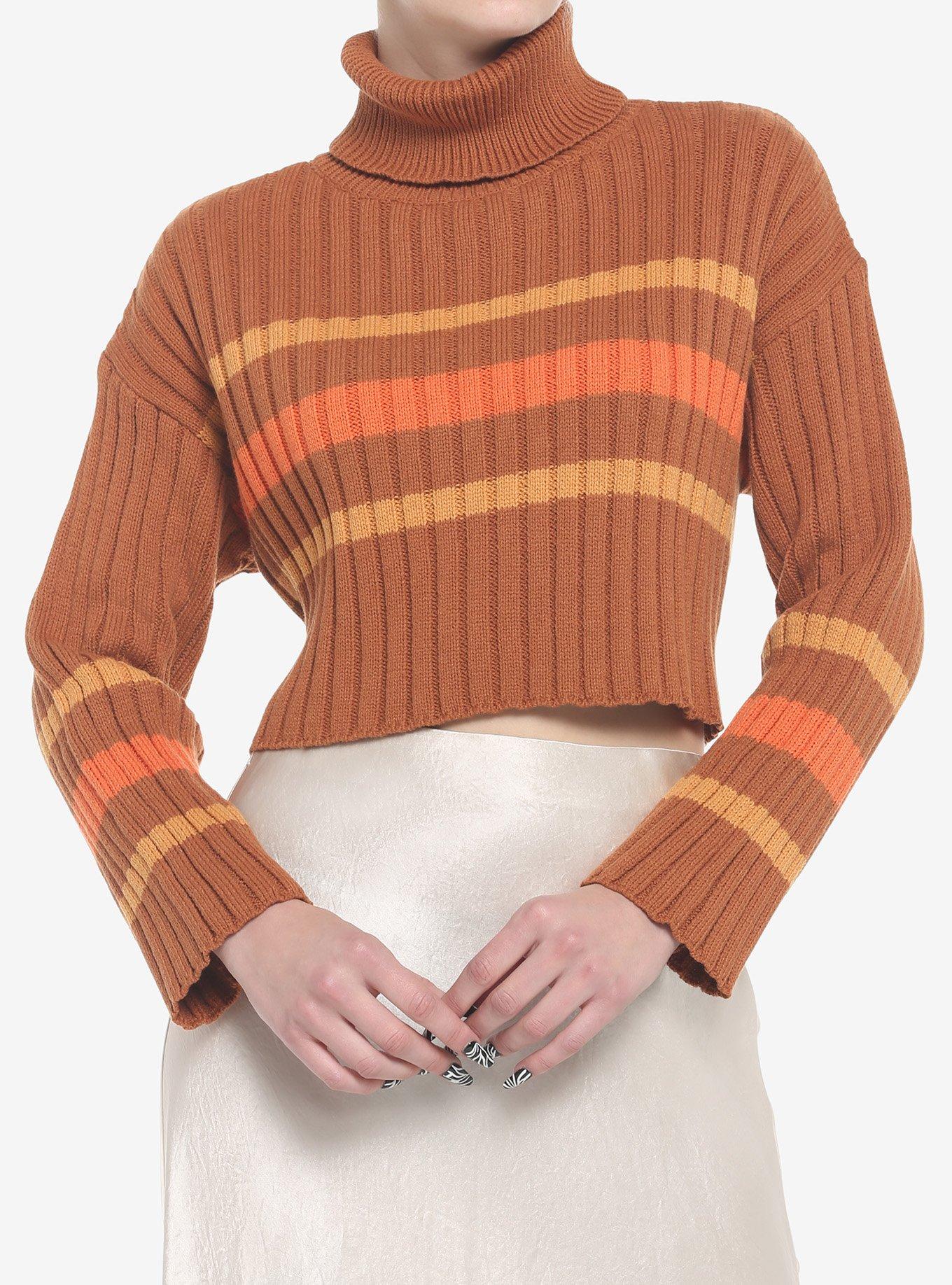 Brown Rugby Stripe Crop Girls Turtleneck Sweater | Hot Topic