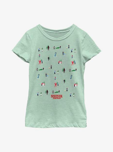 Stranger Things Holiday Tree Scenes Group Youth Girls T-Shirt - GREEN ...