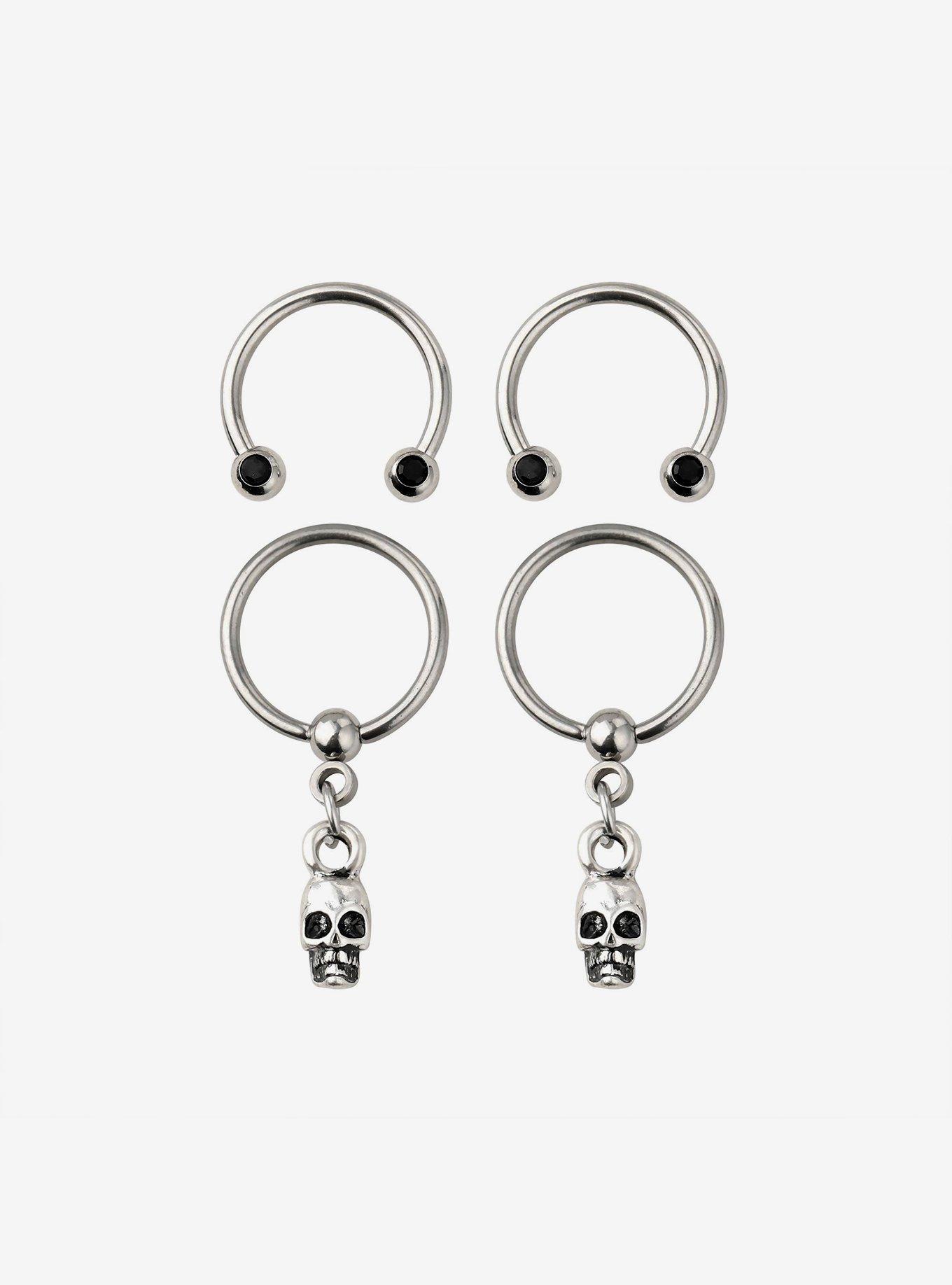 Steel Silver Skull Circular Barbell & Captive Hoop 4 Pack | Hot Topic