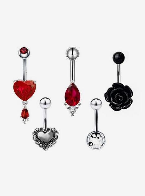 Steel Silver Heart Rose Navel Barbell 5 Pack | Hot Topic