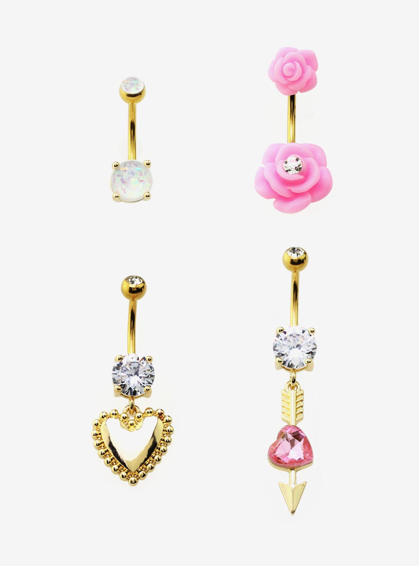14G Steel Pink Heart Rose Navel Barbell 4 Pack | Hot Topic