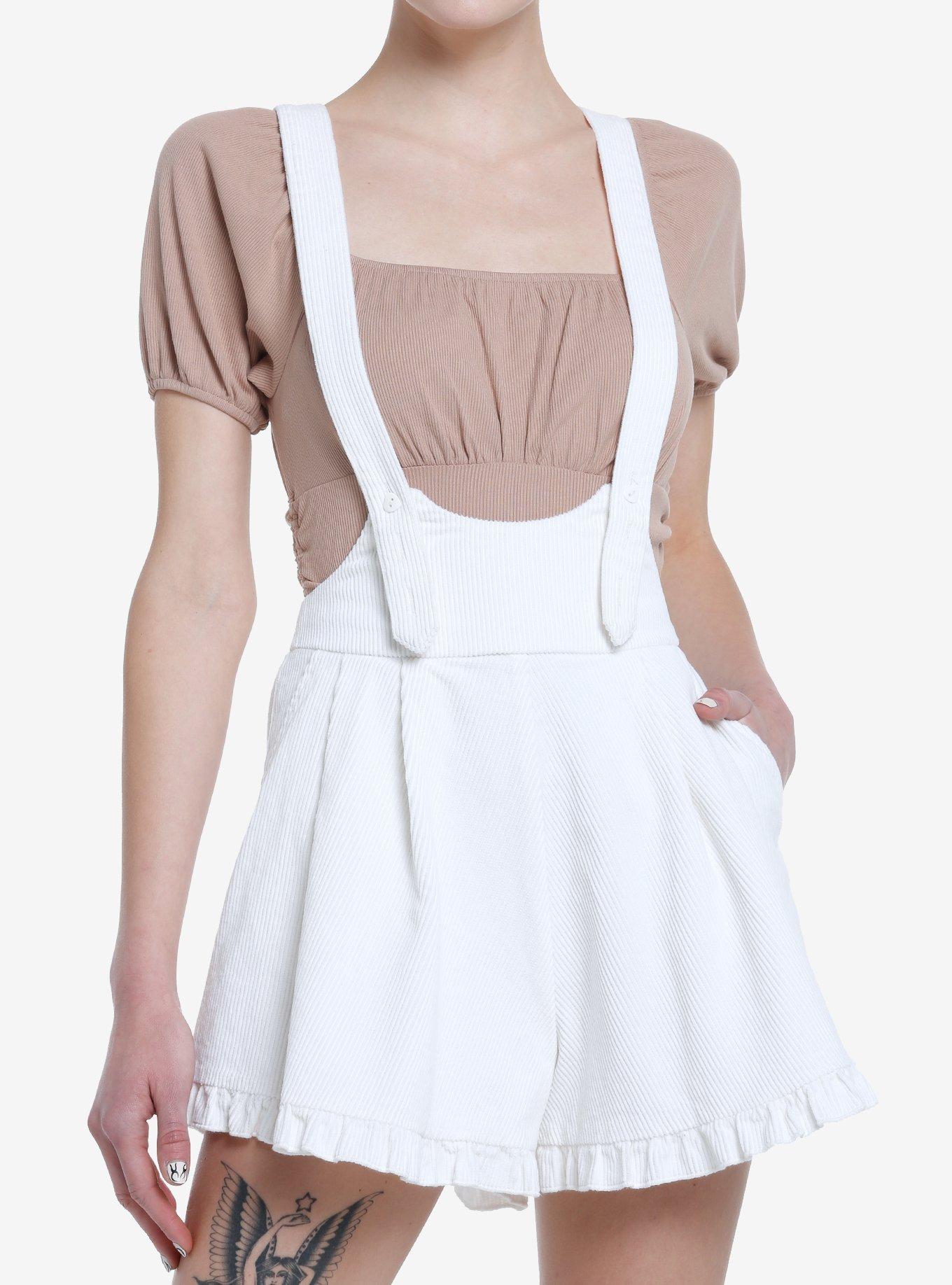 Thorn & Fable White Corduroy Ruffle Shortalls | Hot Topic