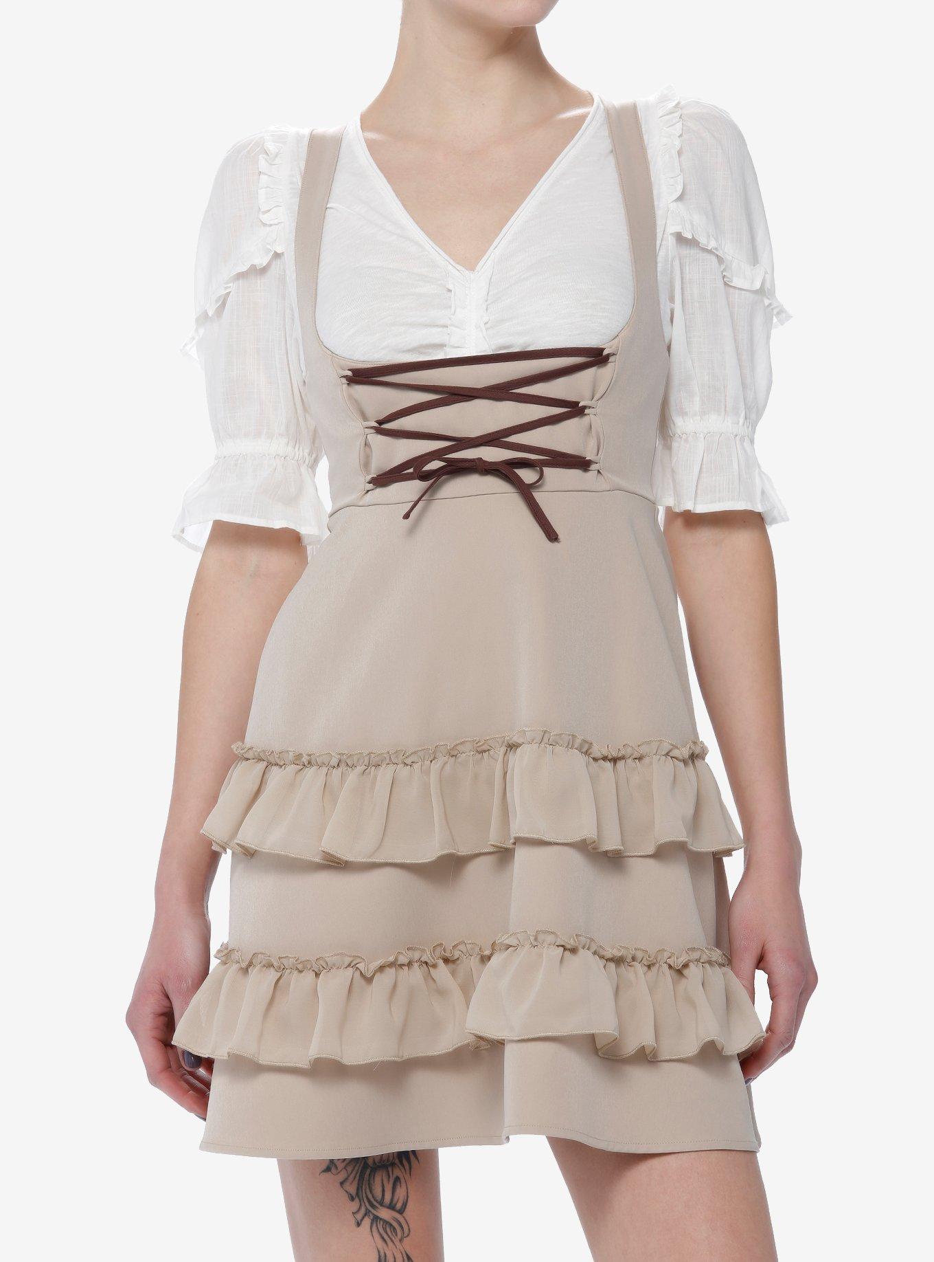Coffee Lace Up Tiered High Waisted Suspender Skirt Hot Topic