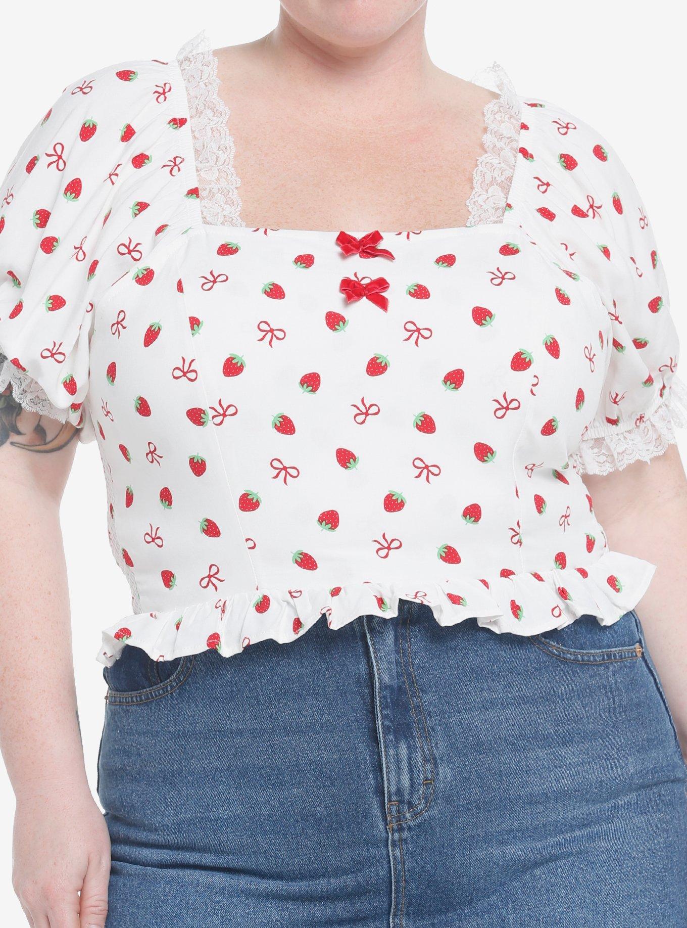 Strawberries & Bows Crop Girls Woven Top Plus Size | Hot Topic