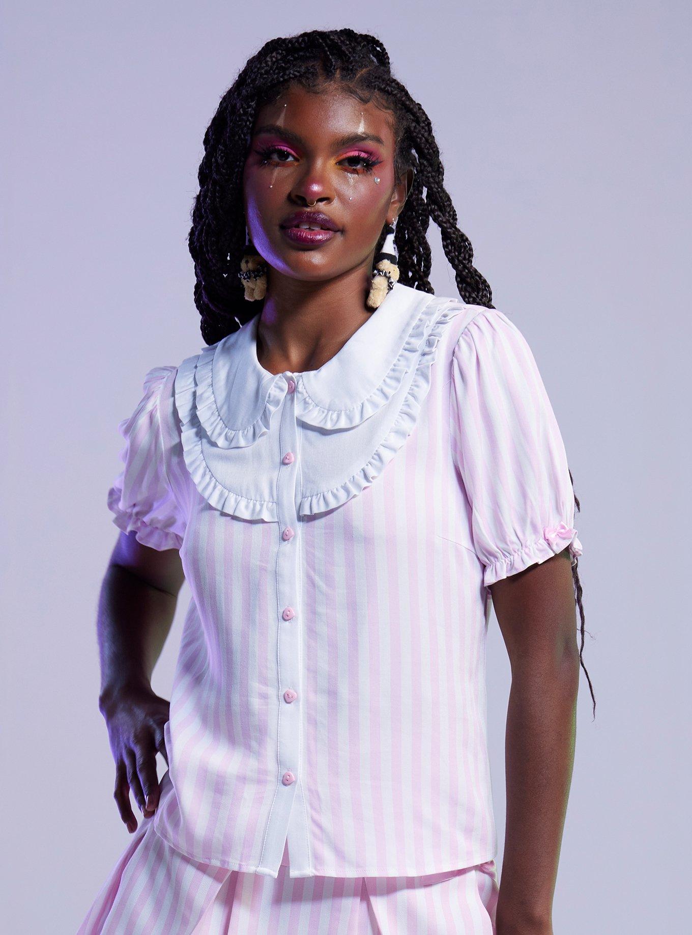 Sweet Society Pink & White Pinstripe Bib Girls Woven Button-Up | Hot Topic