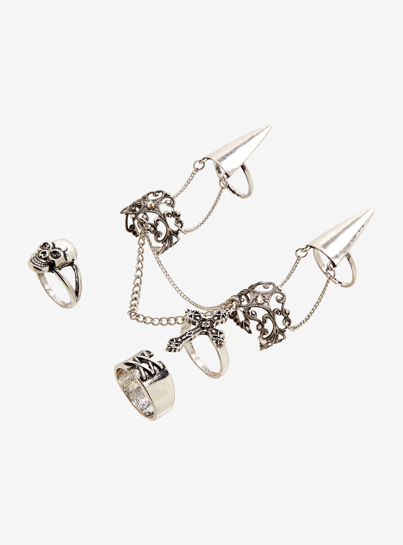 Pointed Finger Skull Cross Chain Ring Set | Hot Topic