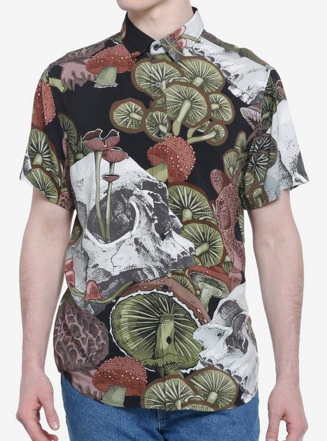 Skulls & Mushrooms Woven Button-Up | Hot Topic