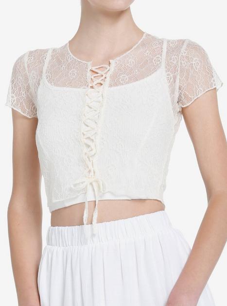 Thorn And Fable Ivory Lace Up Girls Lace Crop Top Hot Topic