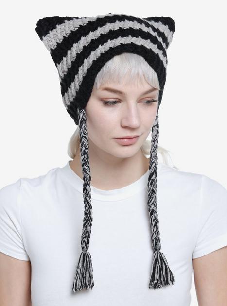 Grey & Black Cat Ear Tassel Beanie | Hot Topic
