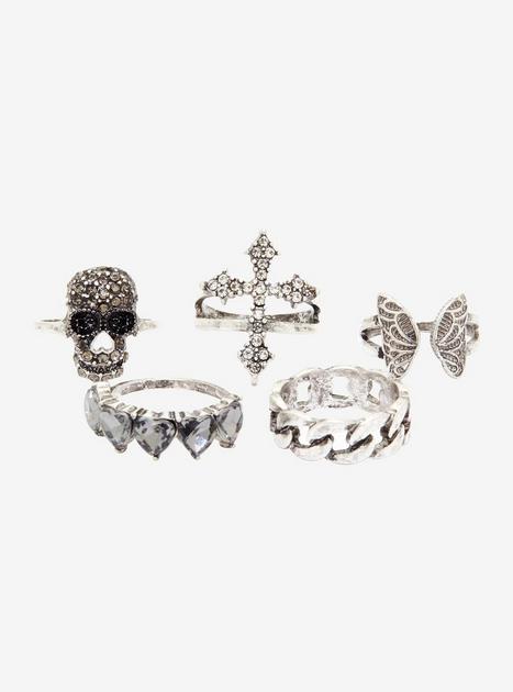 Shiny Skull Cross Ring Set | Hot Topic