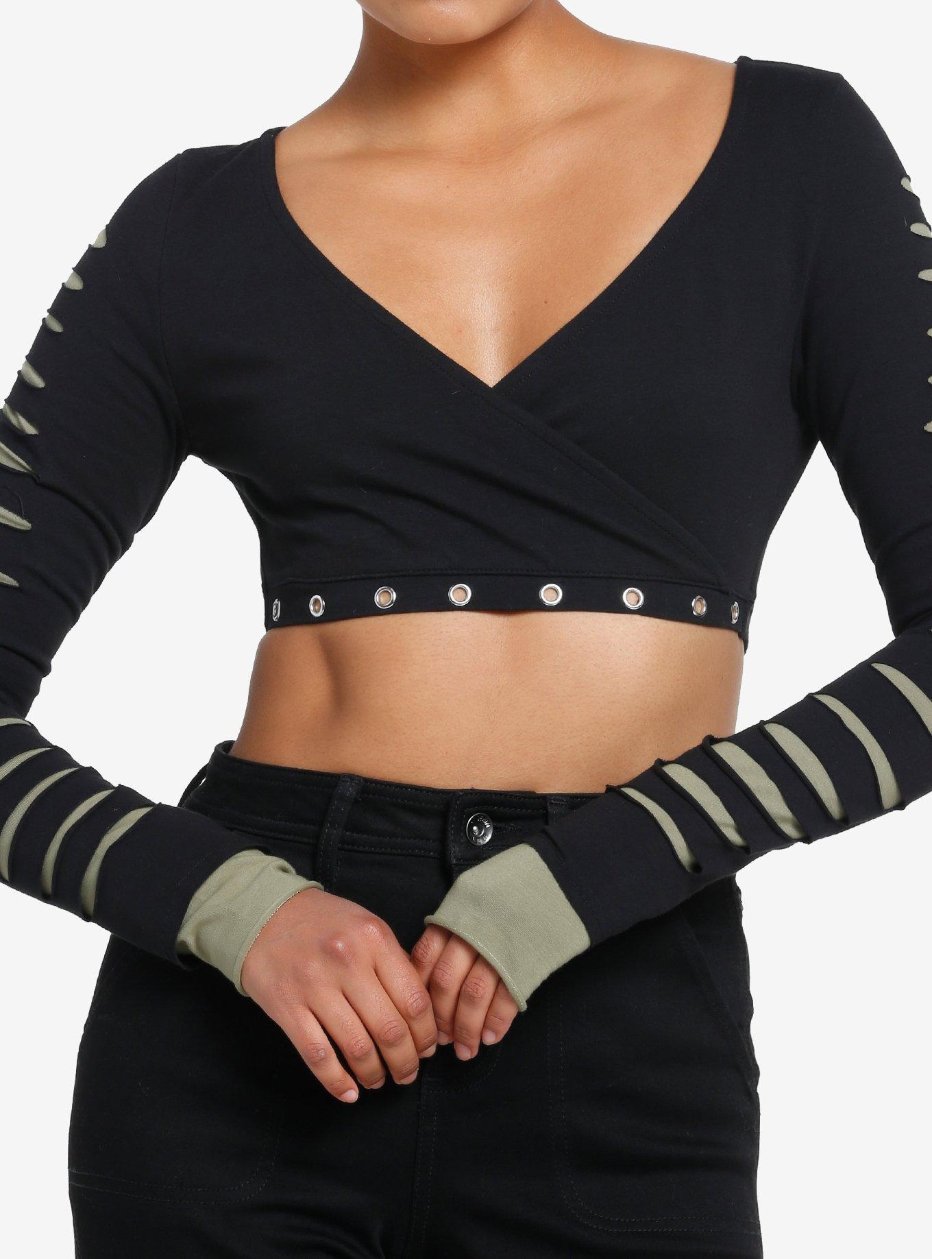 Social Collision Grommets Slashed Crop Girls Long Sleeve Top Hot Topic