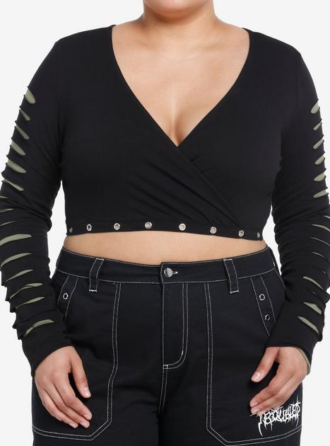 Social Collision Grommets Slashed Crop Girls Long Sleeve Top Plus Size