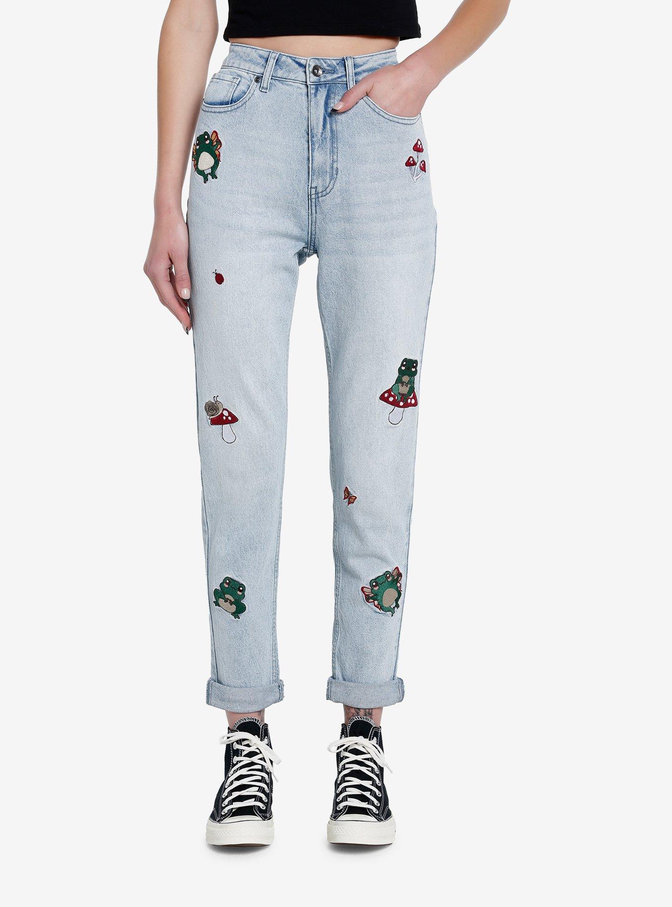 HT Denim Frogs & Mushrooms Embroidered Mom Jeans | Hot Topic