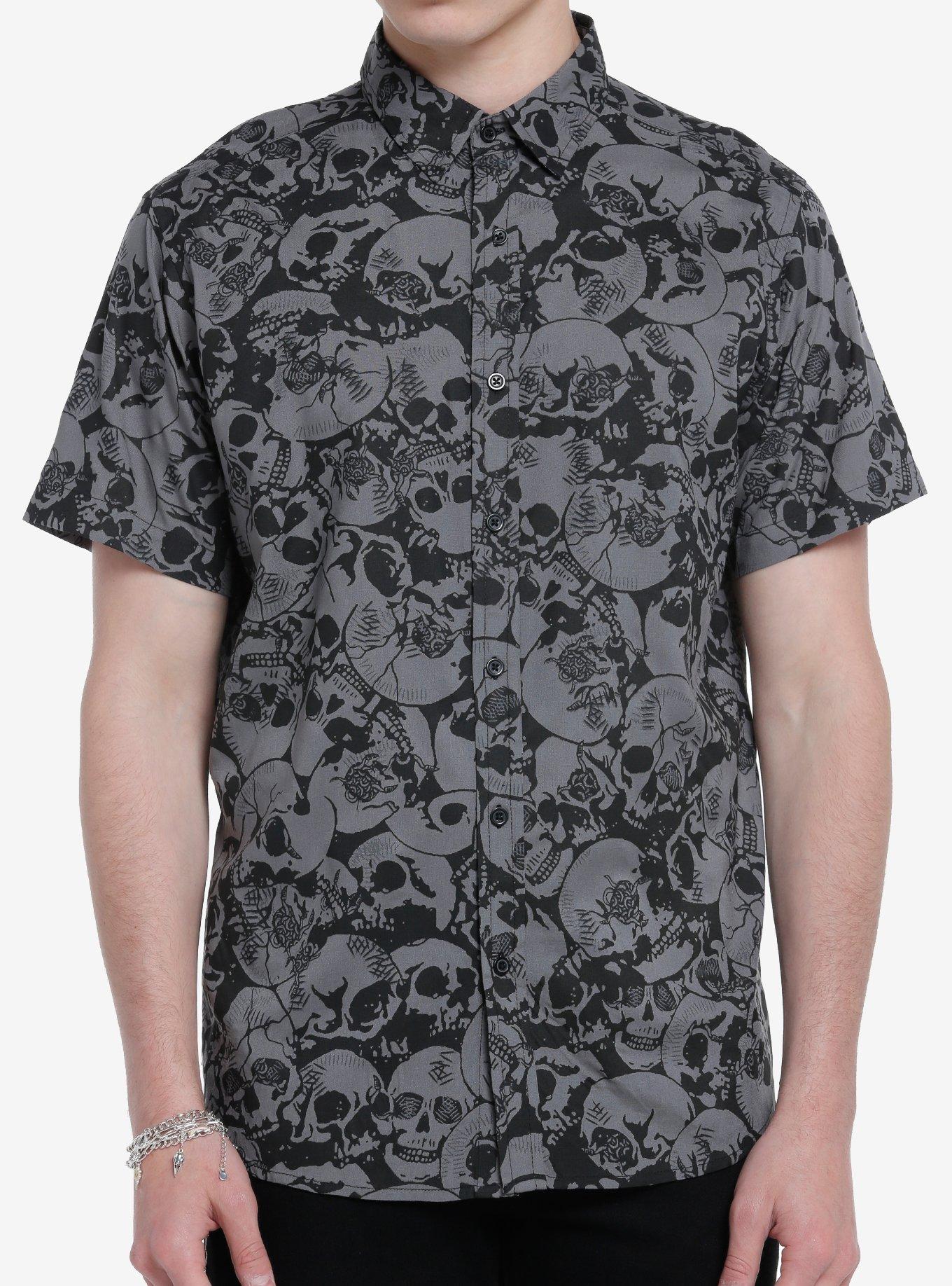 Grey Skull Woven Button Up Hot Topic