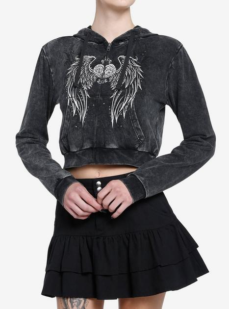 Social Collision Winged Heart Bejeweled Dark Wash Crop Girls Hoodie ...