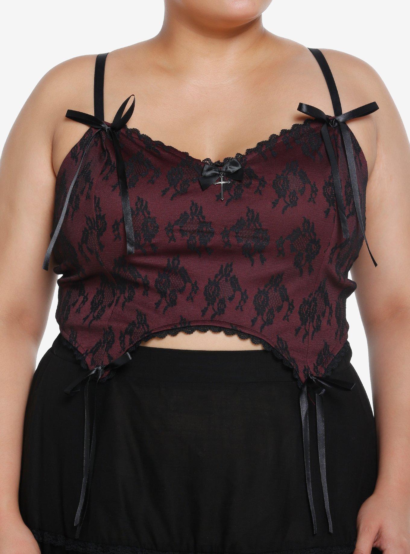 Cosmic Aura Burgundy Lace Cross Girls Crop Corset Plus Size | Hot Topic