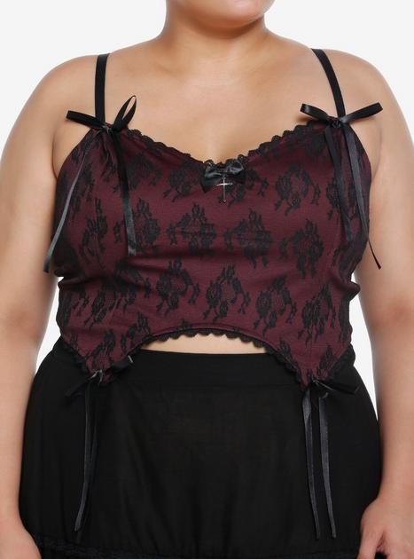 Cosmic Aura Burgundy Lace Cross Girls Crop Corset Plus Size | Hot Topic