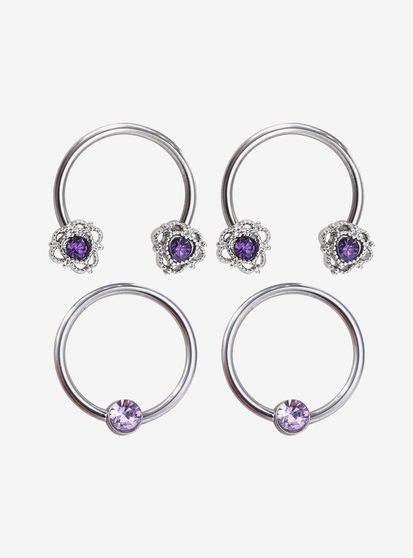 Steel Purple Heart Gem Circular Barbell & Captive Hoop 4 Pack | Hot Topic