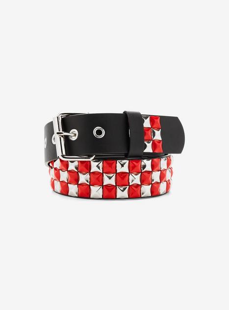 Red & Silver Three Row Pyramid Stud Belt | Hot Topic